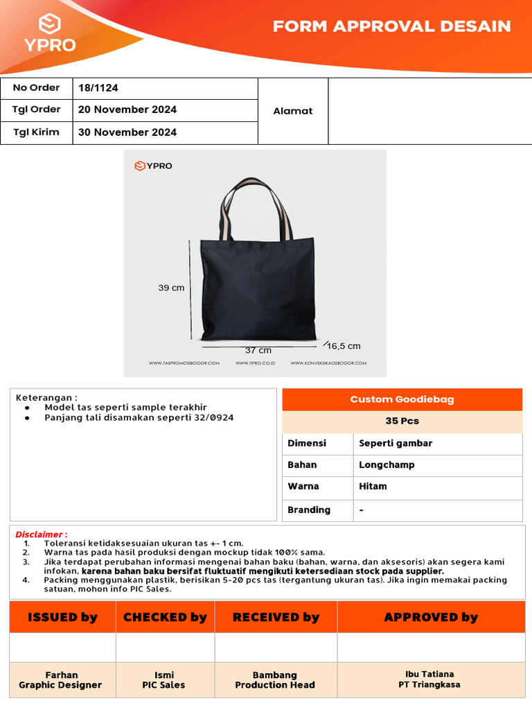 Form Approval YPRO 18-1124 Custom Totebag Longchamp - Ibu Ina | PDF