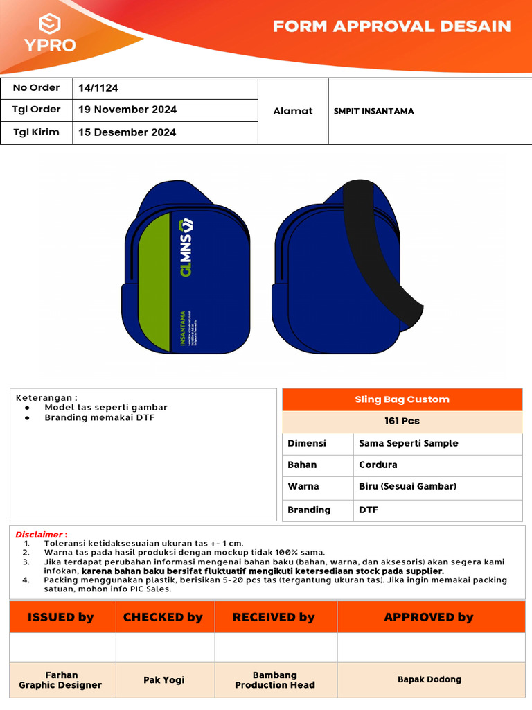 Sling Bag Custom Order 161 Pcs | PDF