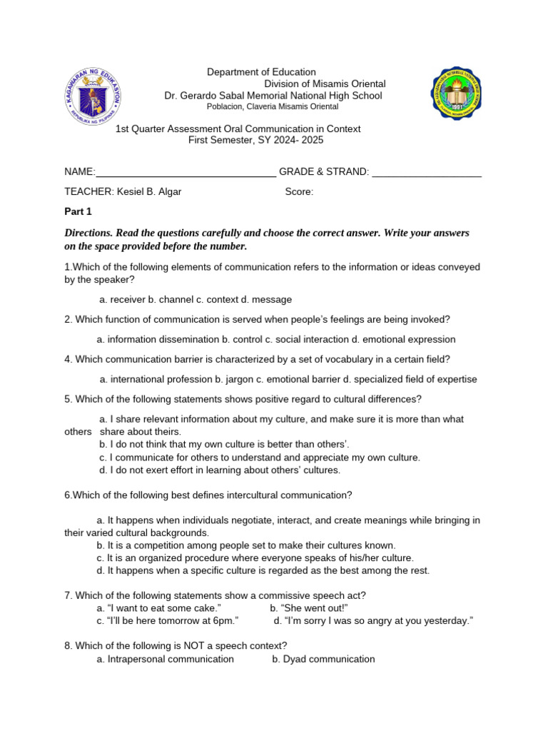 1st Quarter Oral Communication Assessment | PDF | Communication | Human ...