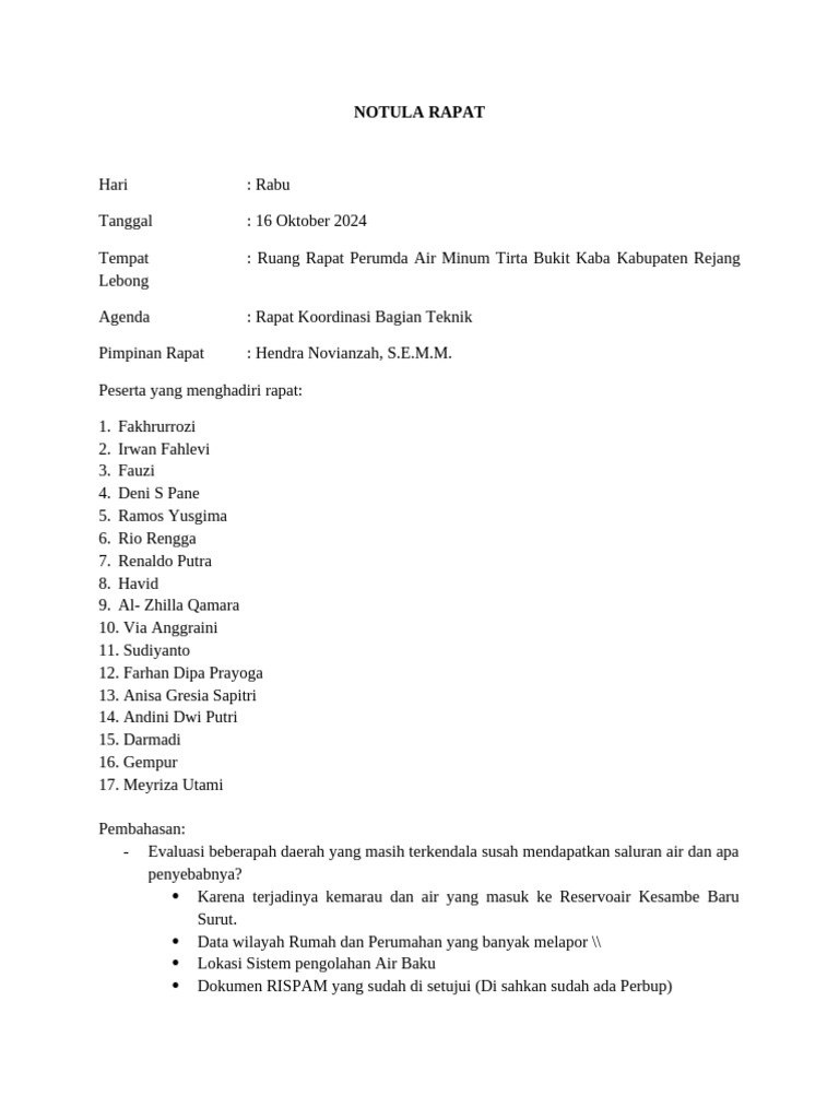 NOTULA RAPAT Koordinasi Bagian Teknik | PDF