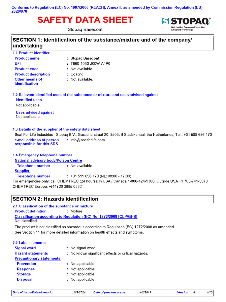 Stopaq Basecoat Safety Data Sheet | PDF | Waste | Pollution
