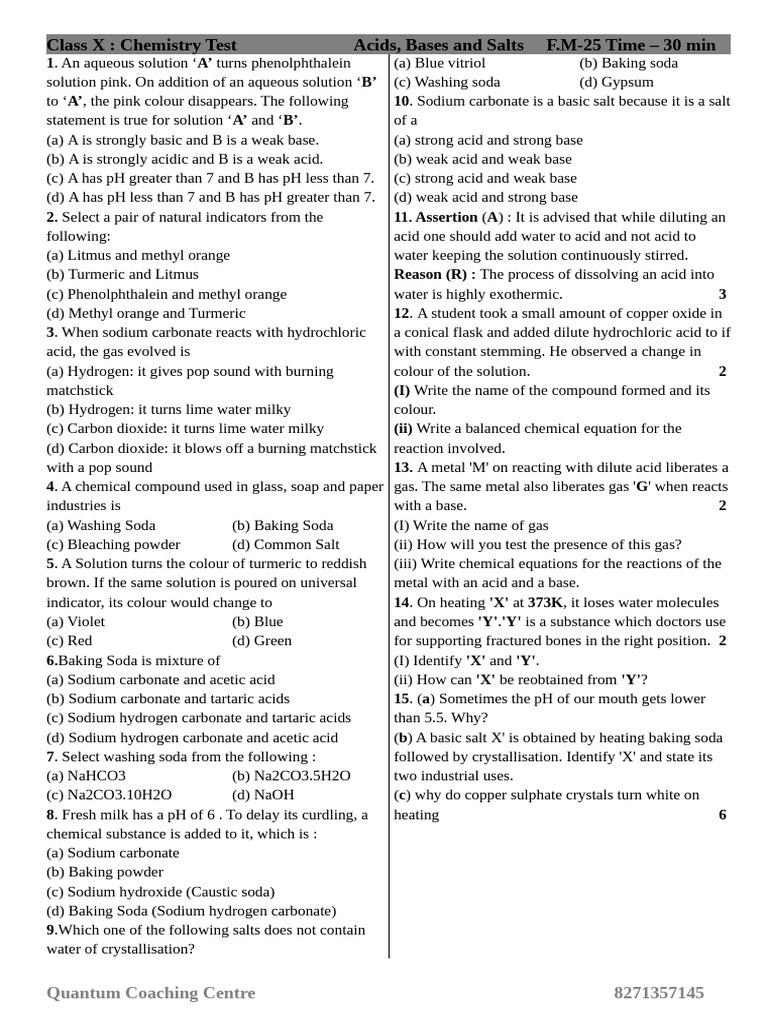 Test - Acids, Bases Ans Salts | PDF | Sodium Bicarbonate | Sodium Carbonate