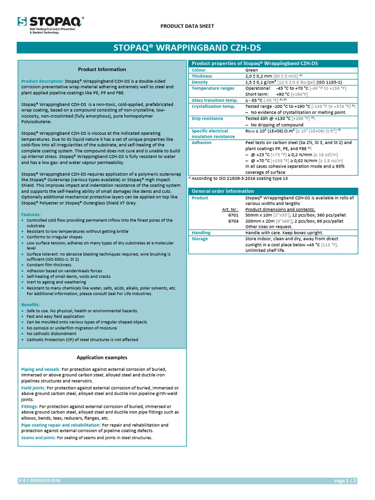 PDS Stopaq Wrappingband CZH DS V4 EN 1 | PDF | Corrosion | Pipe (Fluid ...
