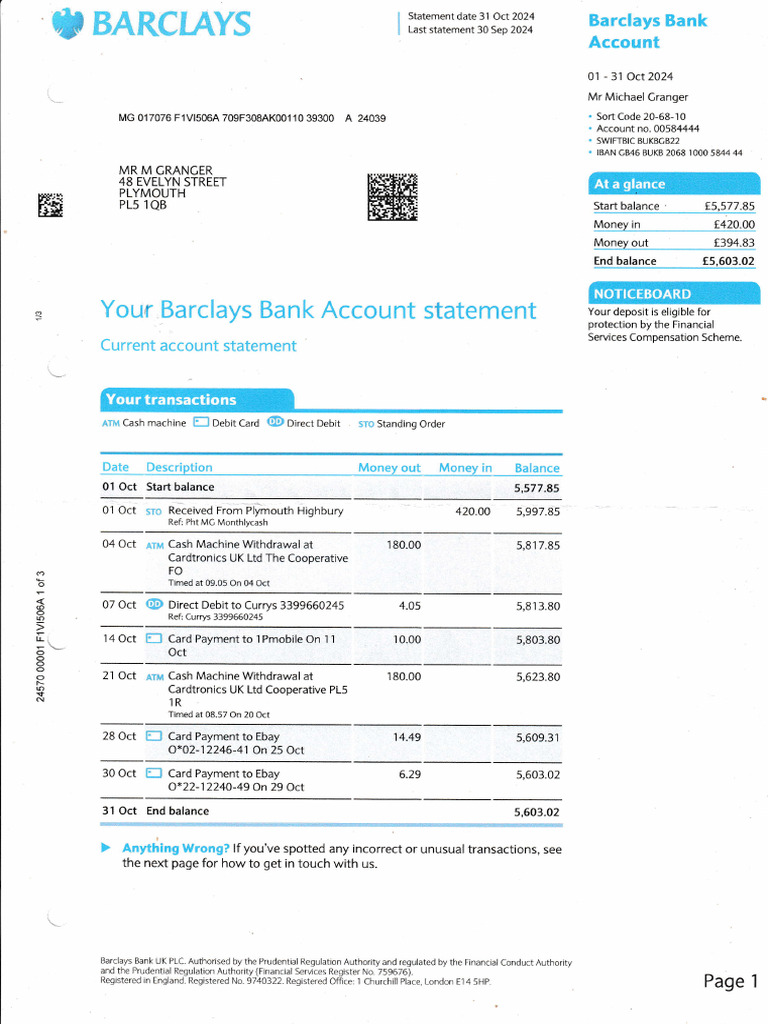 Barclays Bank Statement Oct 2024 | PDF | Banking | Financial Services