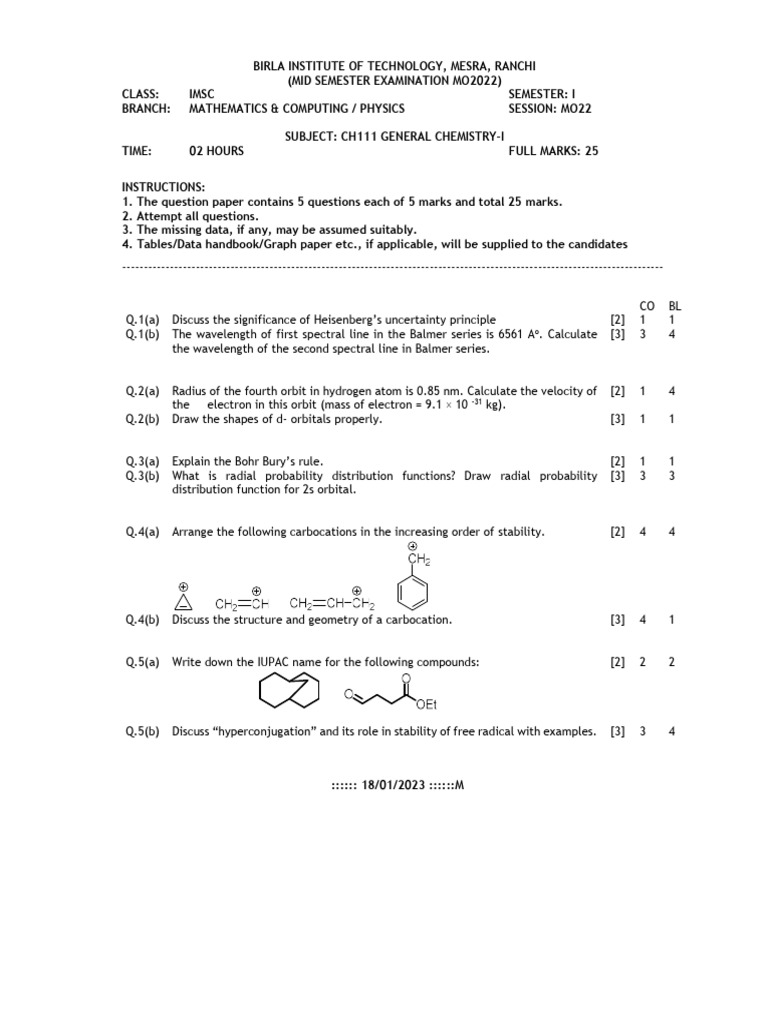 Ch111 General Chemistry-I (Mid - Mo22) | PDF | Atomic Orbital | Chemistry