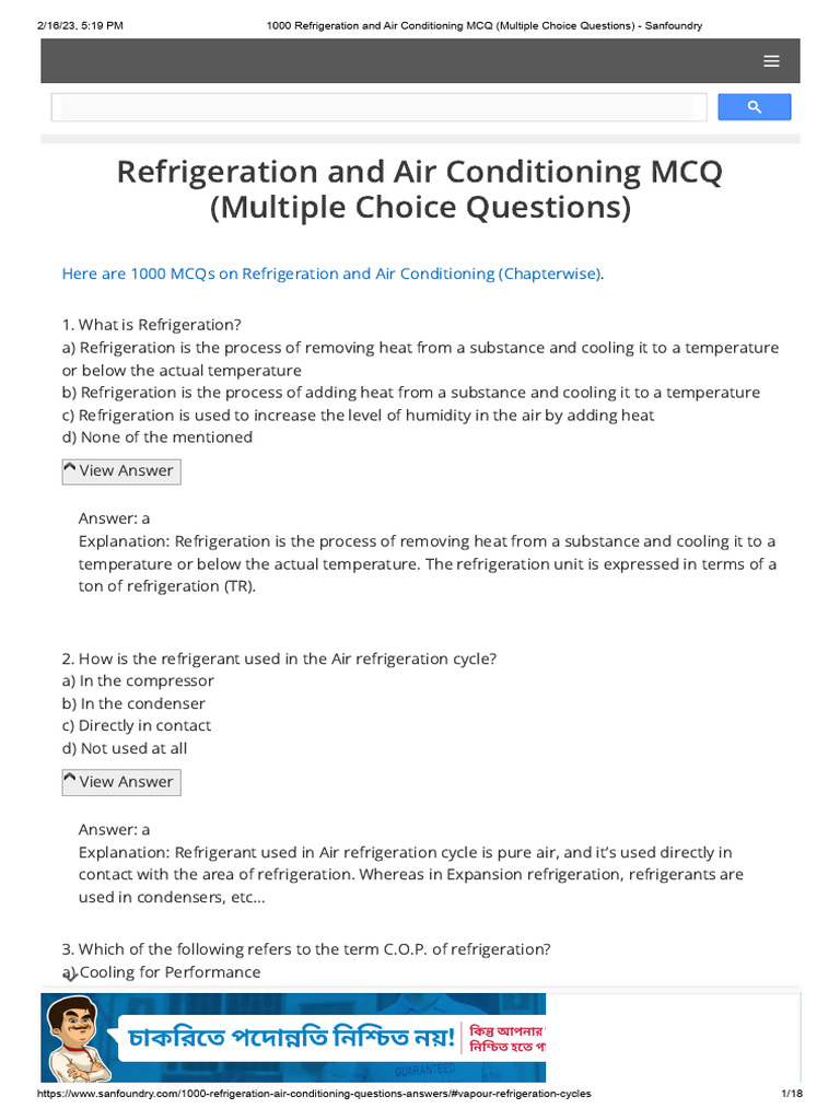 1000 MCQs on Refrigeration & Air Conditioning | PDF | Air Conditioning ...