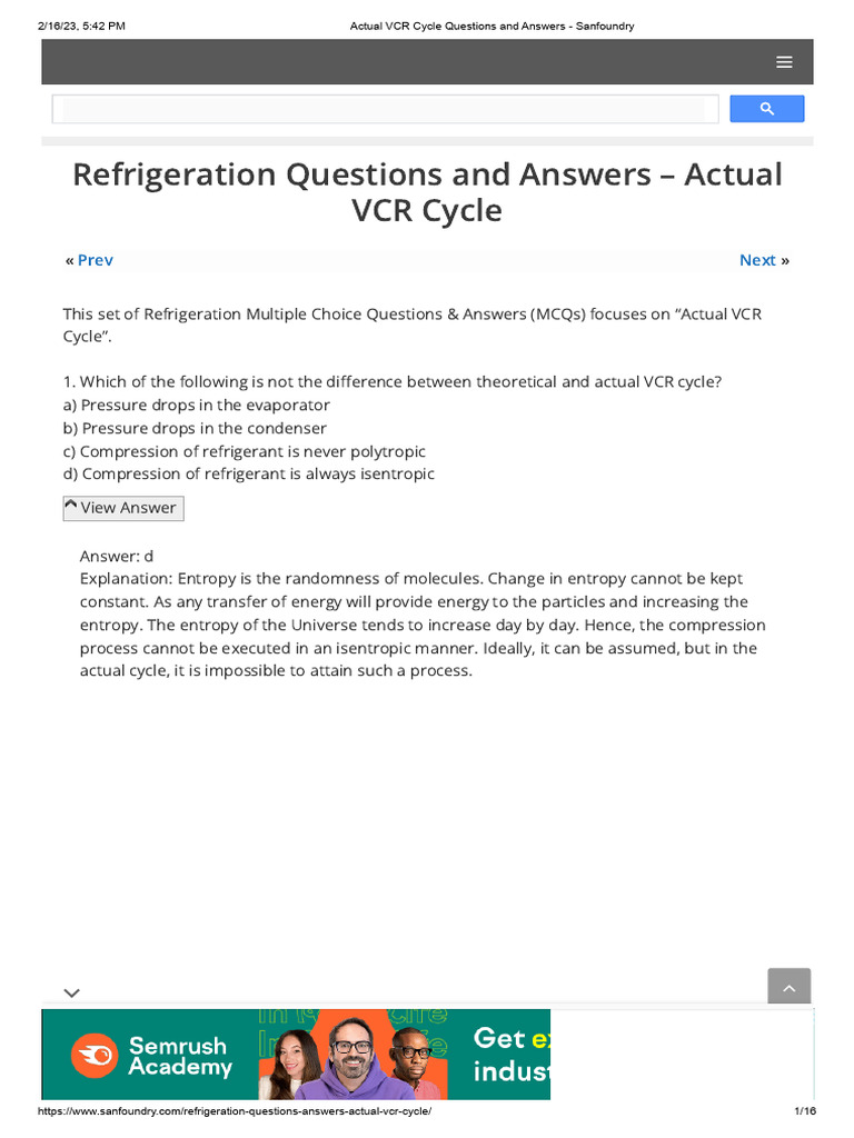 Actual VCR Cycle Questions and Answers - Sanfoundry | PDF | Evaporation ...