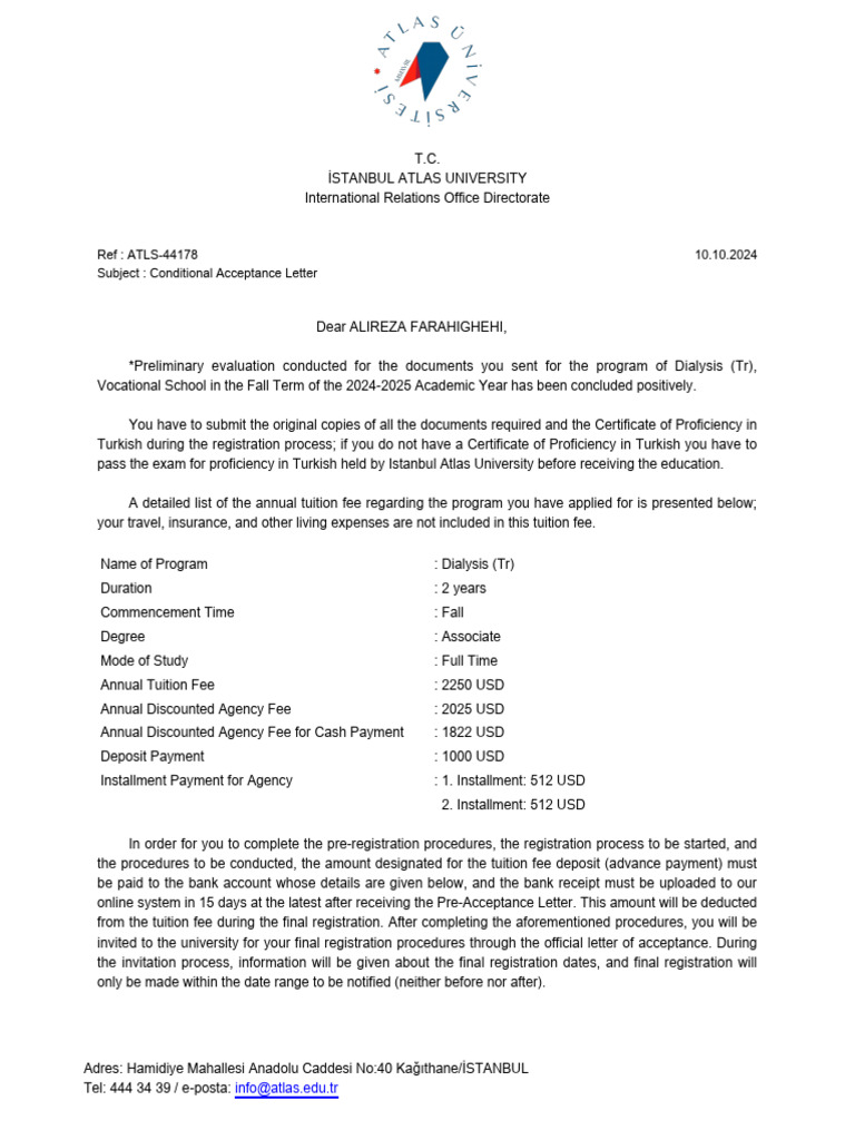 Conditional Acceptance for Dialysis Program | PDF | Fee | Payments