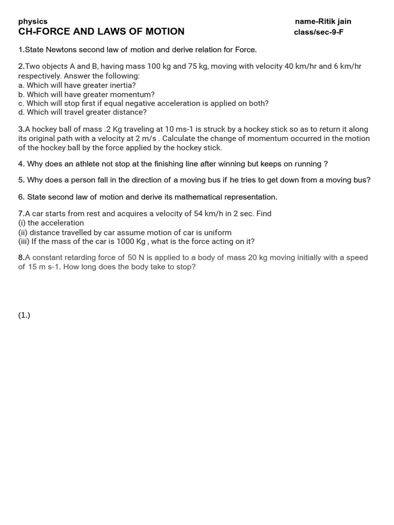 Revision Worksheet 2 CH - Force and Laws of Motion | PDF