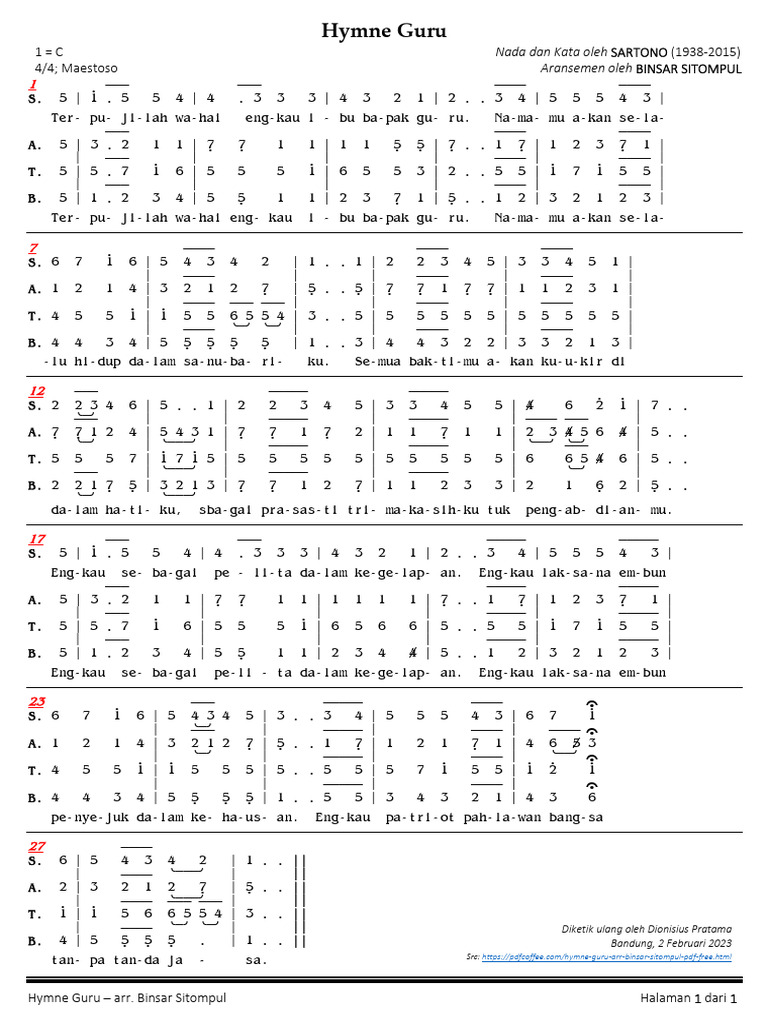 Hymne Guru - Arr. Binsar Sitompul - Ori Lyrics | PDF