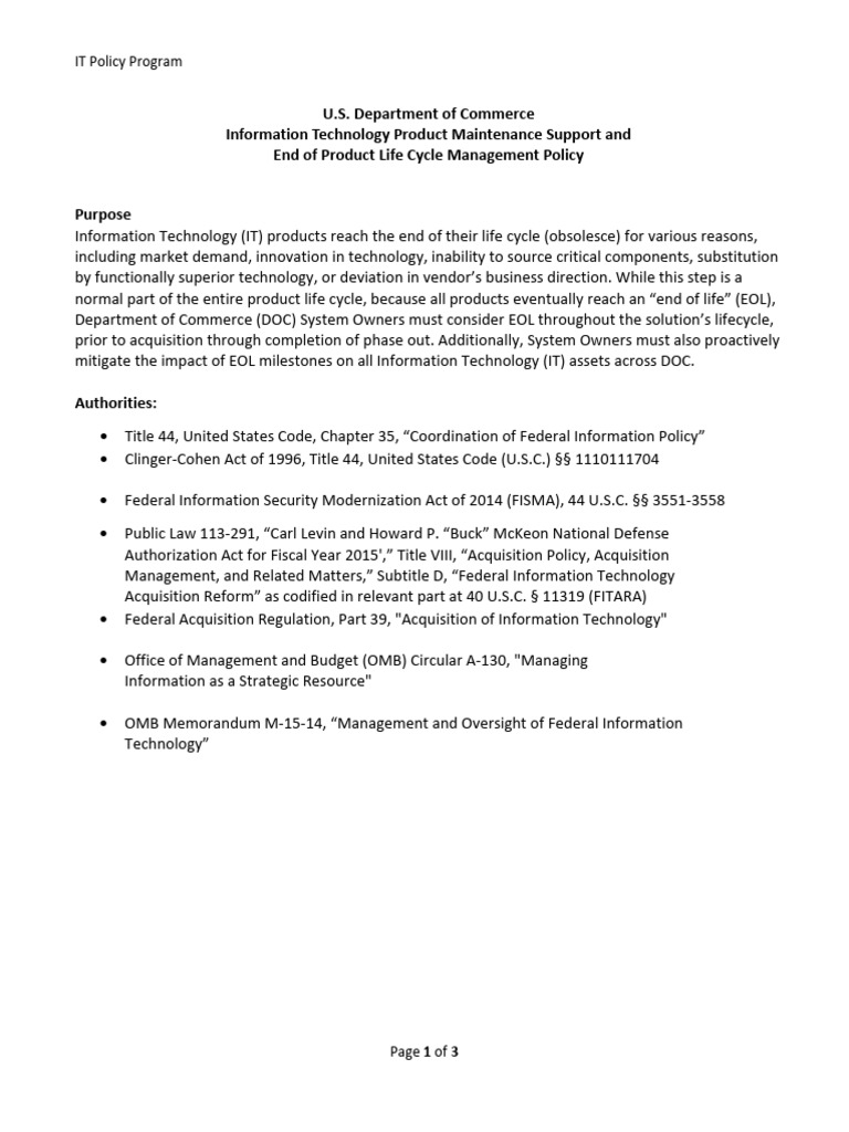 IT Product Maintenance Support End of Life Cycle MGT | PDF | Office Of ...