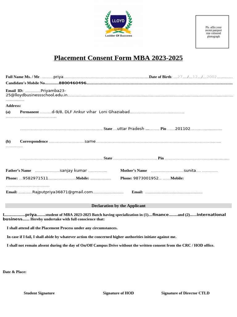 MBA Placement Consent Form 2023-2025 | PDF