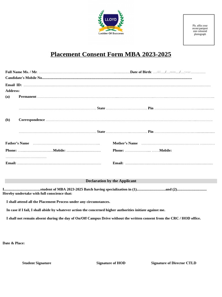 MBA Placement Consent Form | PDF | Government And Personhood | Authentication