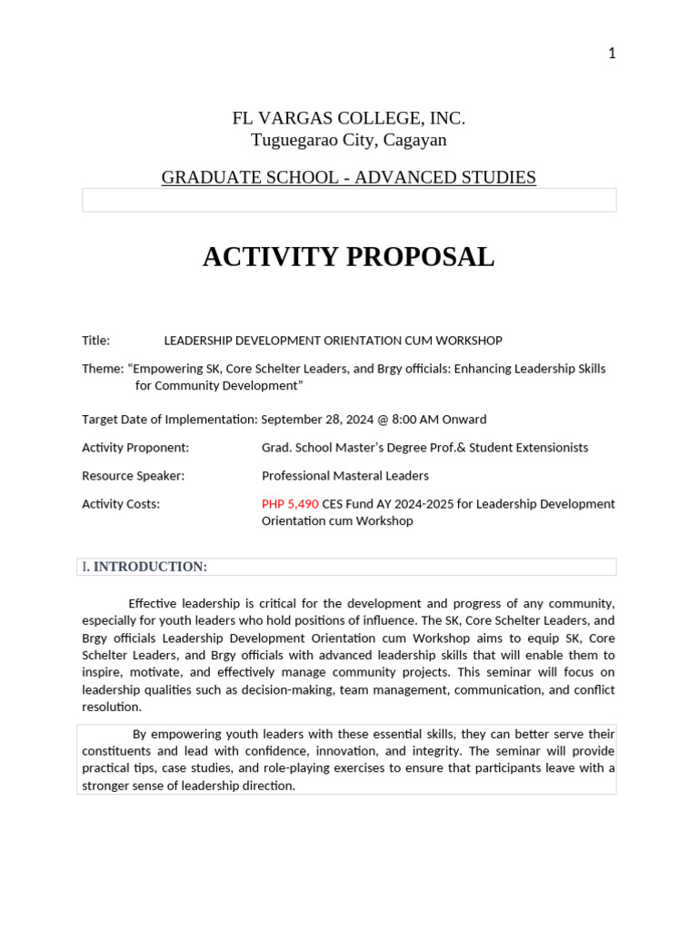 ACTIVITY PROPOSAL LEADERSHIP ORIENTATION Cum Workshop Sept. 28 2024 ...