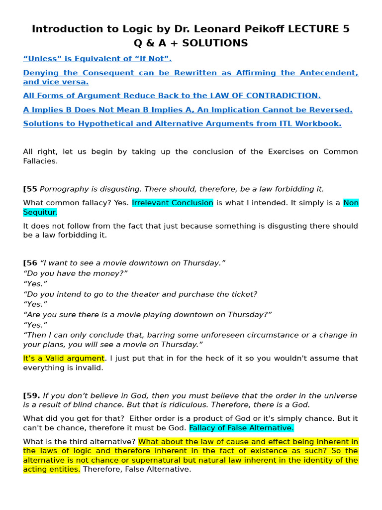 Introduction To Logic by Dr. Leonard Peikoff LECTURE 5 Q & A + Solutions | PDF | Argument ...