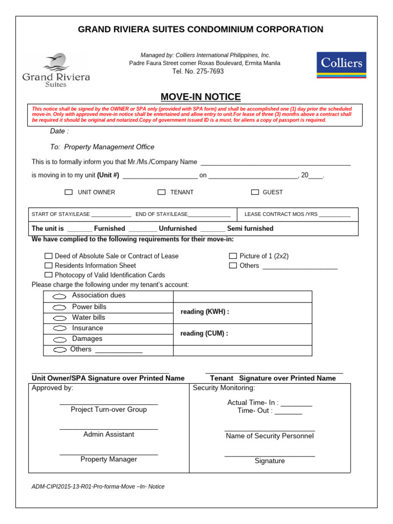 Grand Riviera Suites Condominium Corporation: Move-In Notice | PDF ...