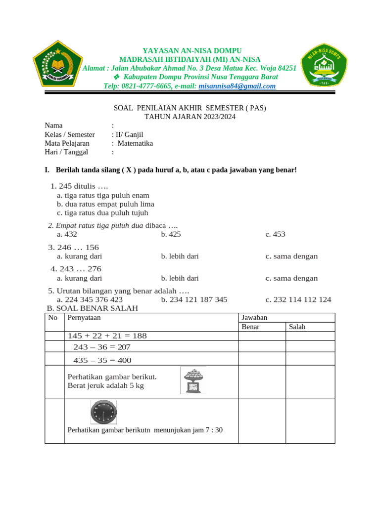 Soal MTK Kelas 2 Fix | PDF