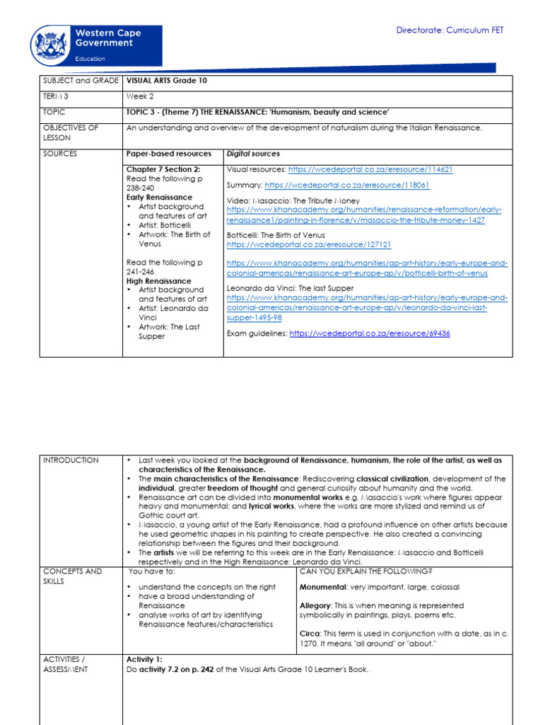 Visual Arts Grade 10 Term 3 Week 2 - 2020 | PDF | Renaissance ...