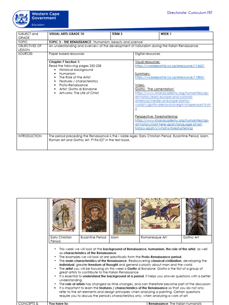 Visual Arts Grade 10 Term 3 Week 1 - 2020 | PDF | Renaissance | Liberal ...