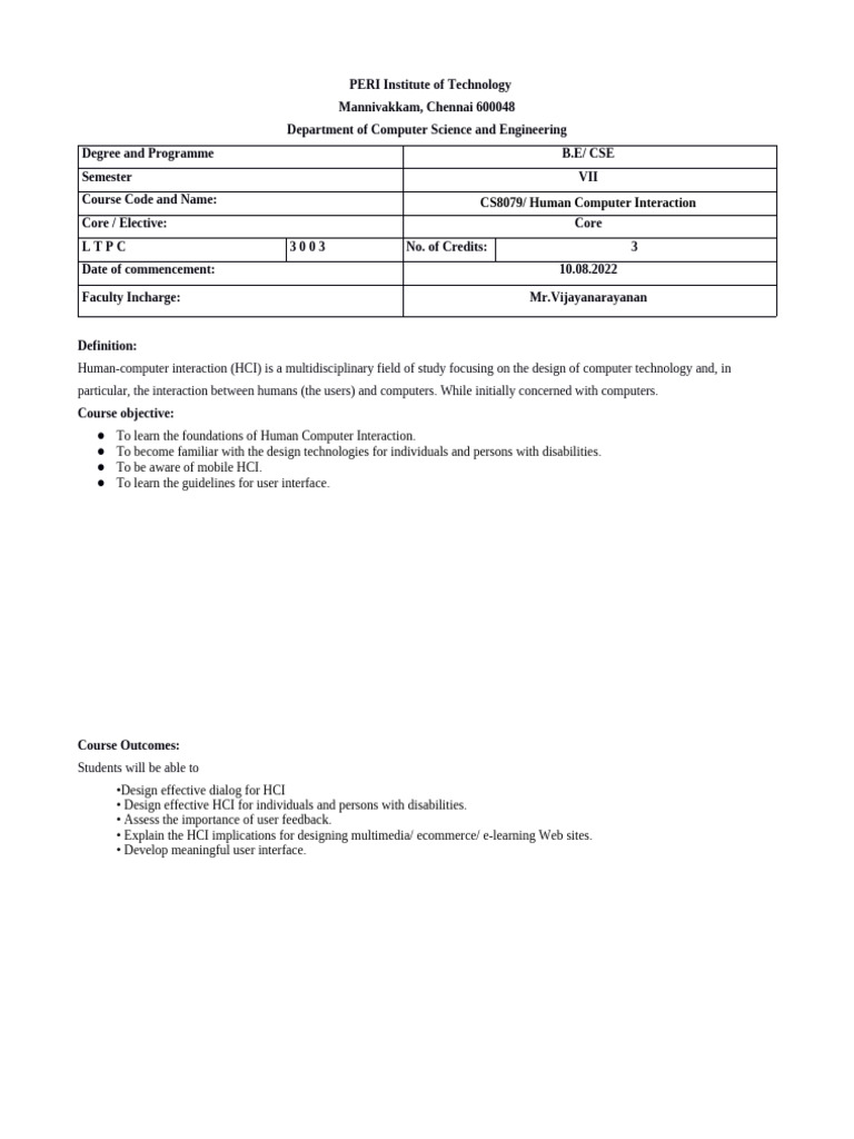 CS8079 - HCI - Lesson Plan 2022-23 | PDF | Human–Computer Interaction ...