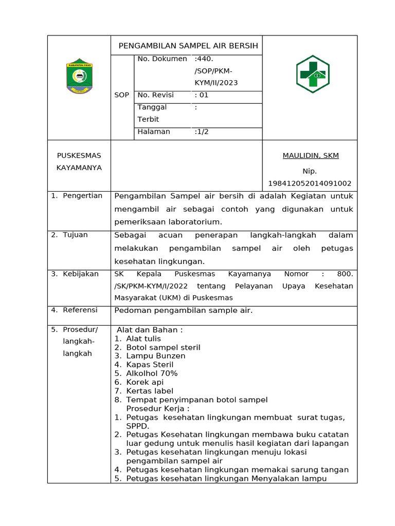 Sop Pengambilan Sampel Air | PDF