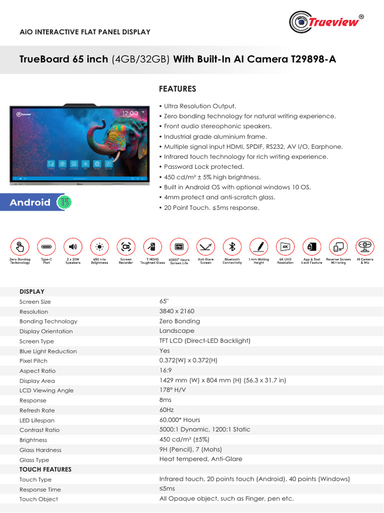 TrueBoard 65 Inch 4GB32GB 48MP AI Cam T29898 A | PDF | Pixel | Display ...