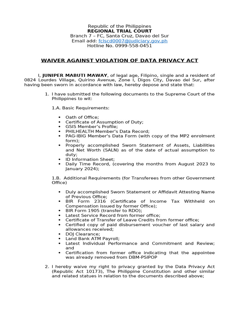 Data Privacy Waiver for Salary Processing | PDF | Affidavit | Government