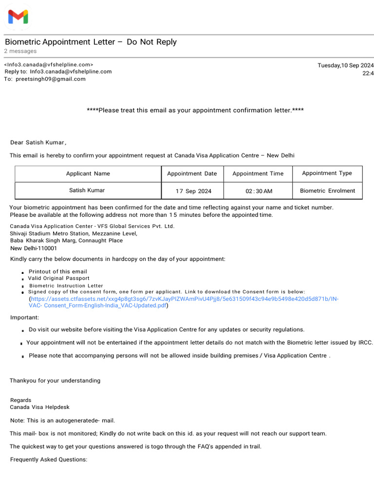 Biometric Appointment Confirmation | PDF | Government And Personhood