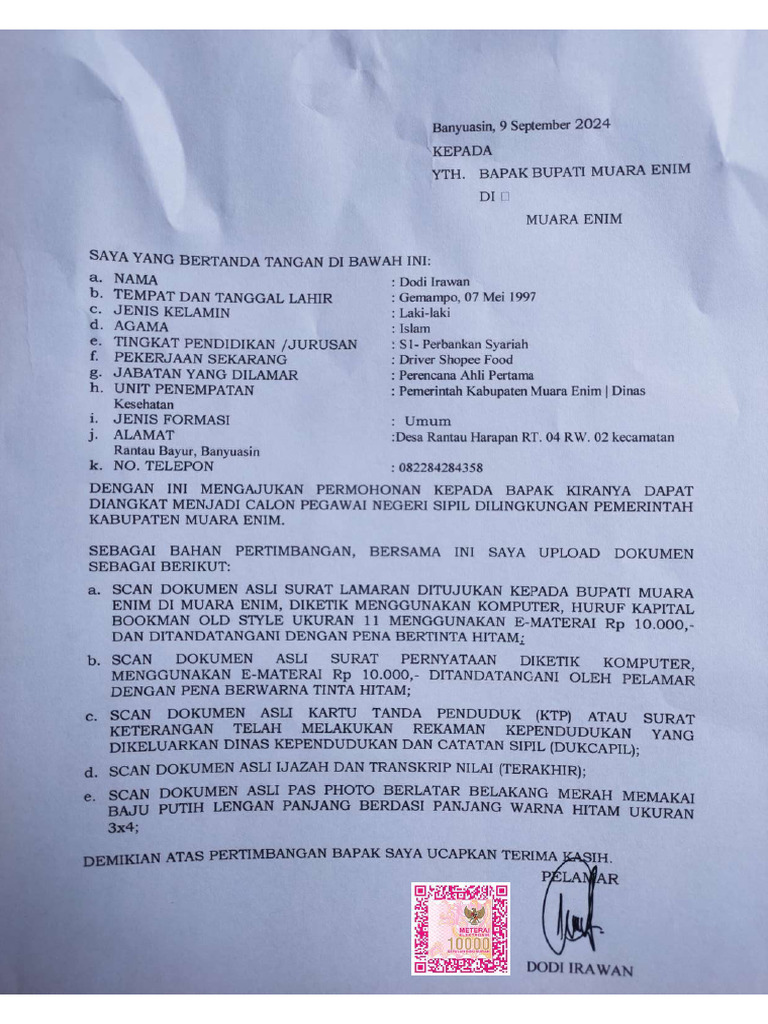Surat - Lamaran CPNS Muara Enim | PDF