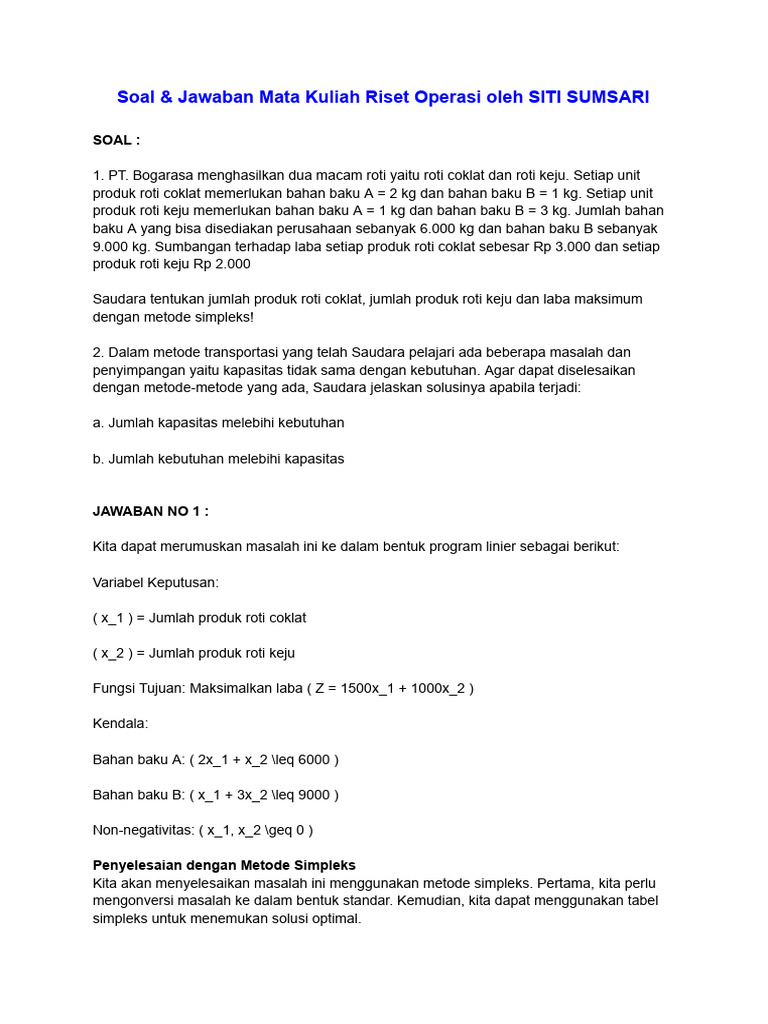 Jawaban Riset Operasi Siti Sumsari | PDF | Bisnis