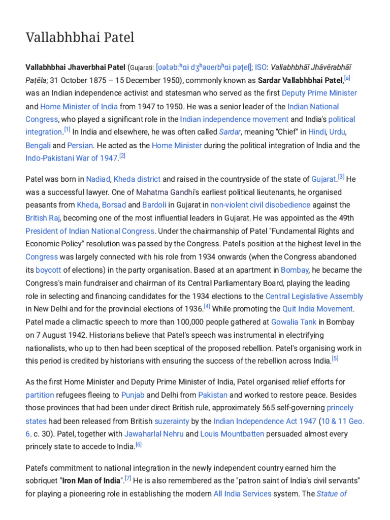 Vallabhbhai Patel - Wikipedia | PDF | Partition Of India | Jawaharlal Nehru