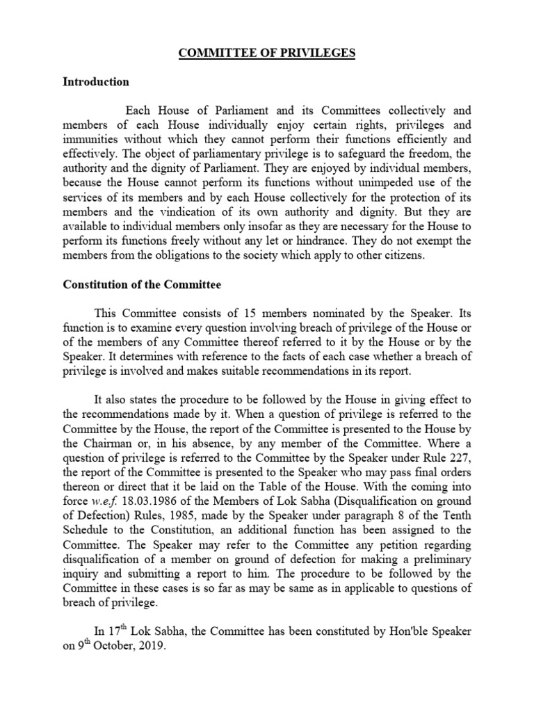 Introduction Committee of Privileges 17 LS | PDF | Constitutional Law ...
