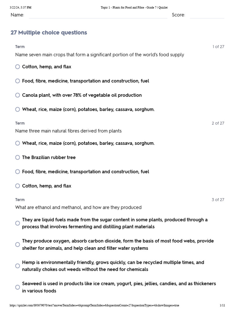 Topic 1 - Plants For Food and Fibre - Grade 7 - Quizlet | PDF ...