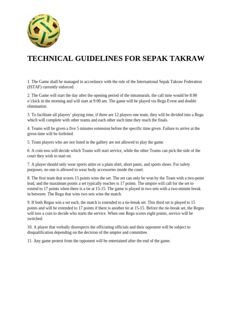 Technical Guidelines For Sepak Takraw | PDF