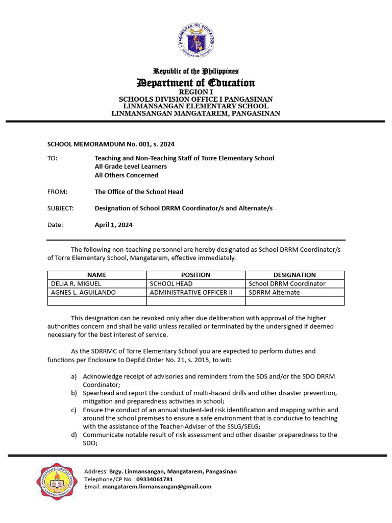 Designation of School DRRM Coordinator and Alternate | PDF | Emergency Management | Emergency ...