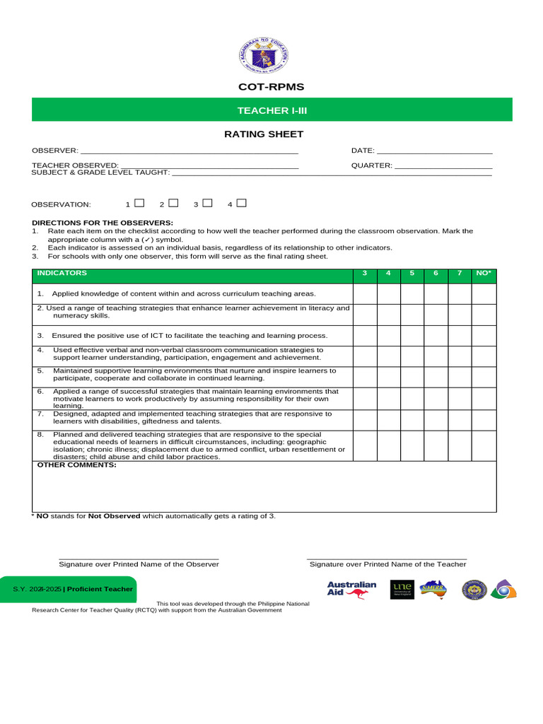 Appendix C 04 COT RPMS Rating Sheet For T I III For SY 2024 2025 | PDF ...