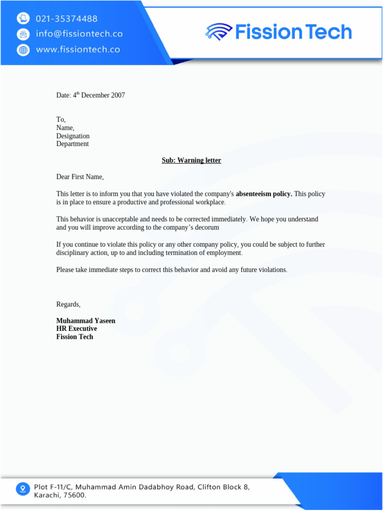 Warning Letter Template | PDF | Career & Growth