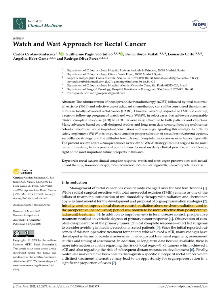 Whatch and Wait Approach For Rectal Cancer | PDF | Colorectal Cancer | Radiation Therapy