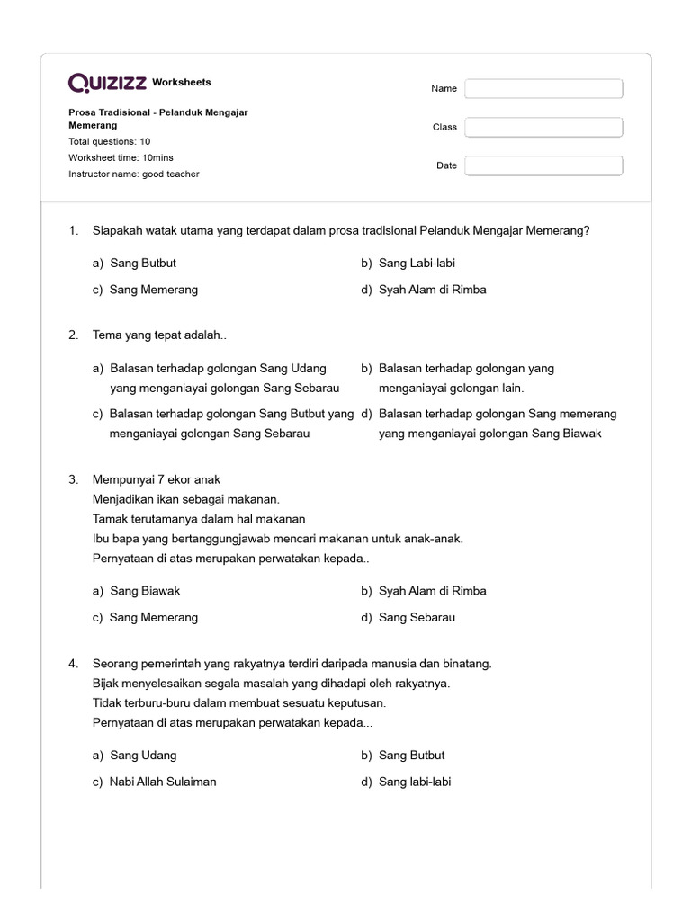 Prosa Tradisional - Pelanduk Mengajar Memerang - Quizizz | PDF | Seni ...