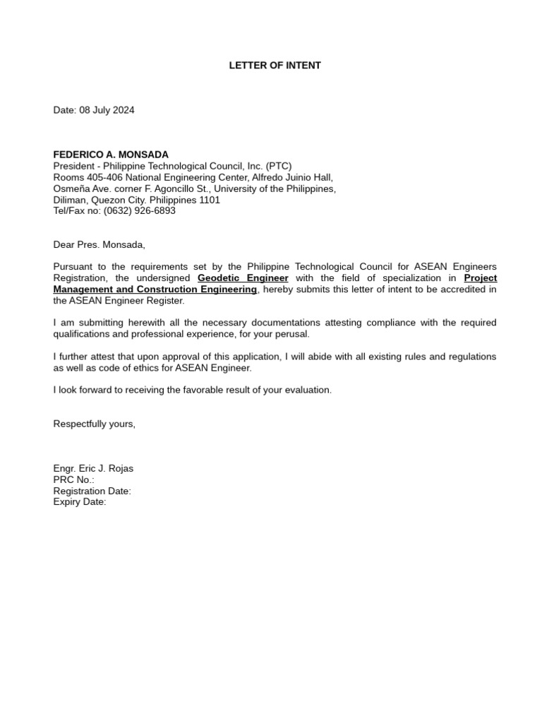 Letter of Intent For ASEAN - SAMPLE | PDF | Technology & Engineering