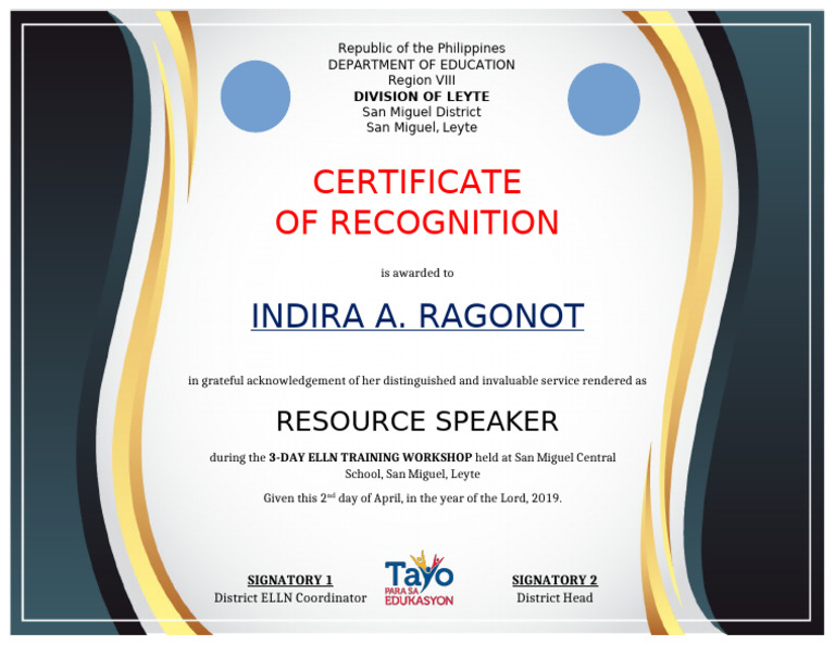 Certificate of Recognition for Resource Speaker | PDF