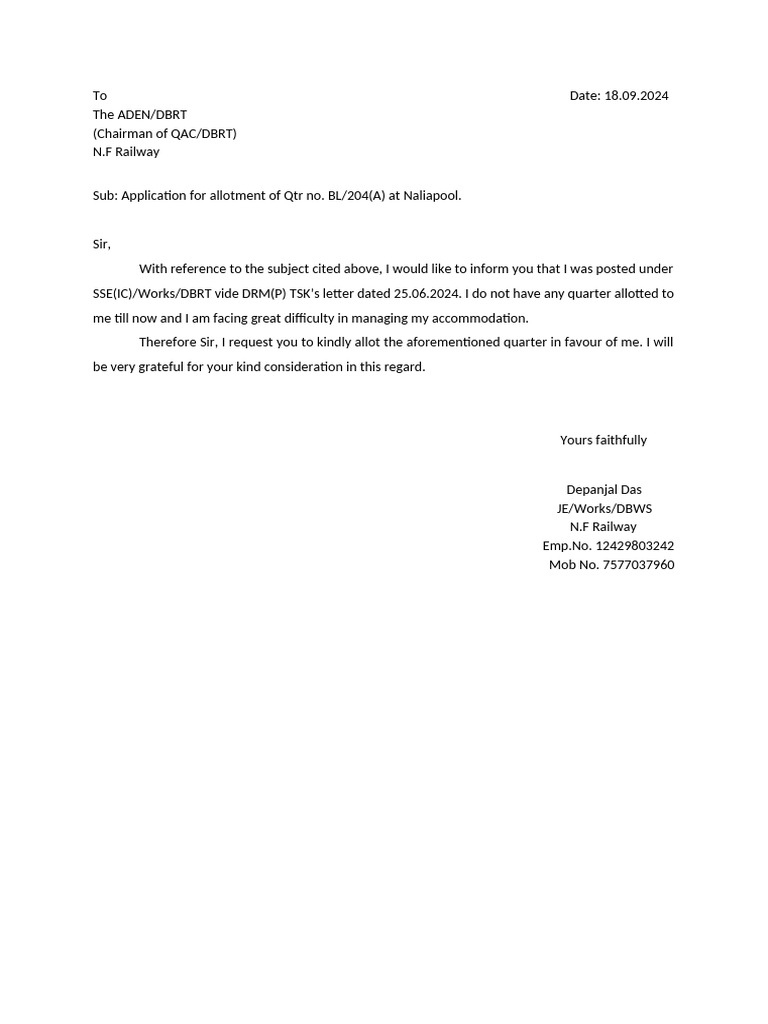 Application for Railway Quarter BL/204(A) | PDF
