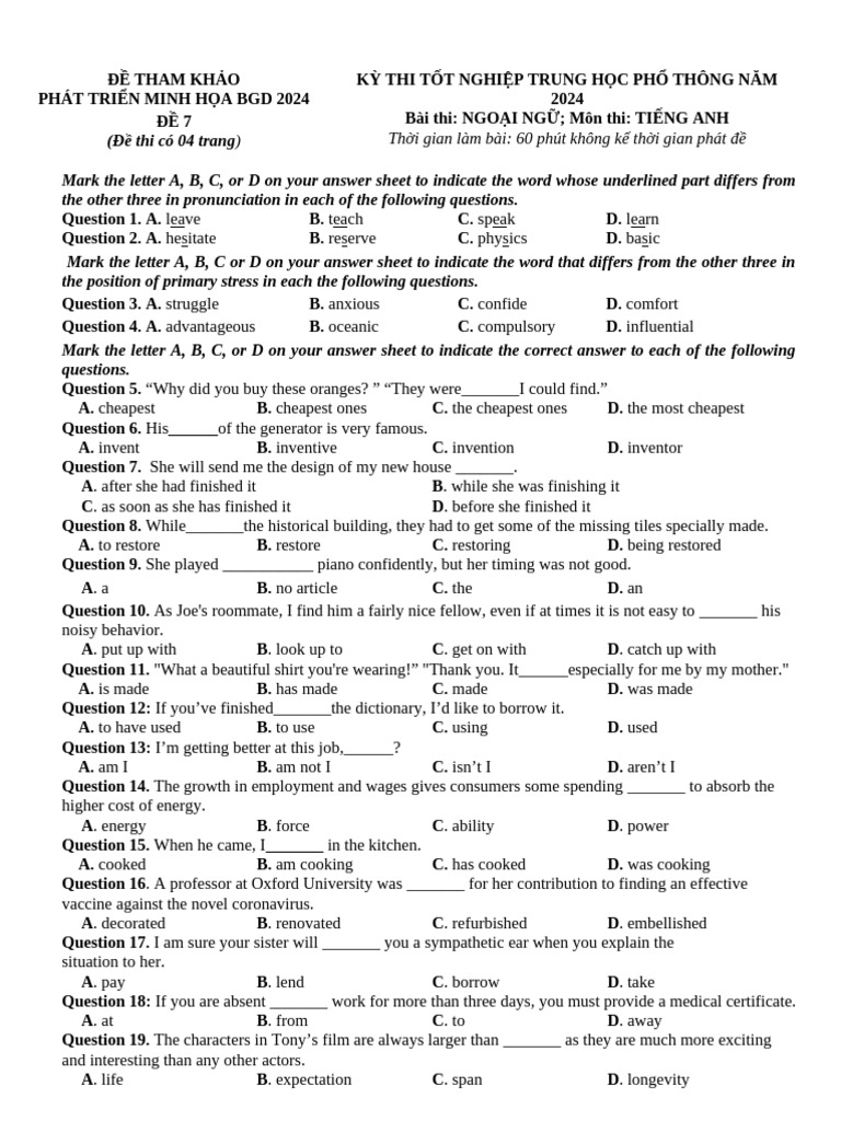 2024 English Exam Sample Questions | PDF | Capsicum