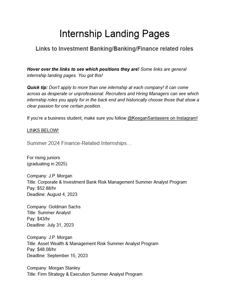 Investment Banking Internship Landing Pages | PDF | Investment Banking ...
