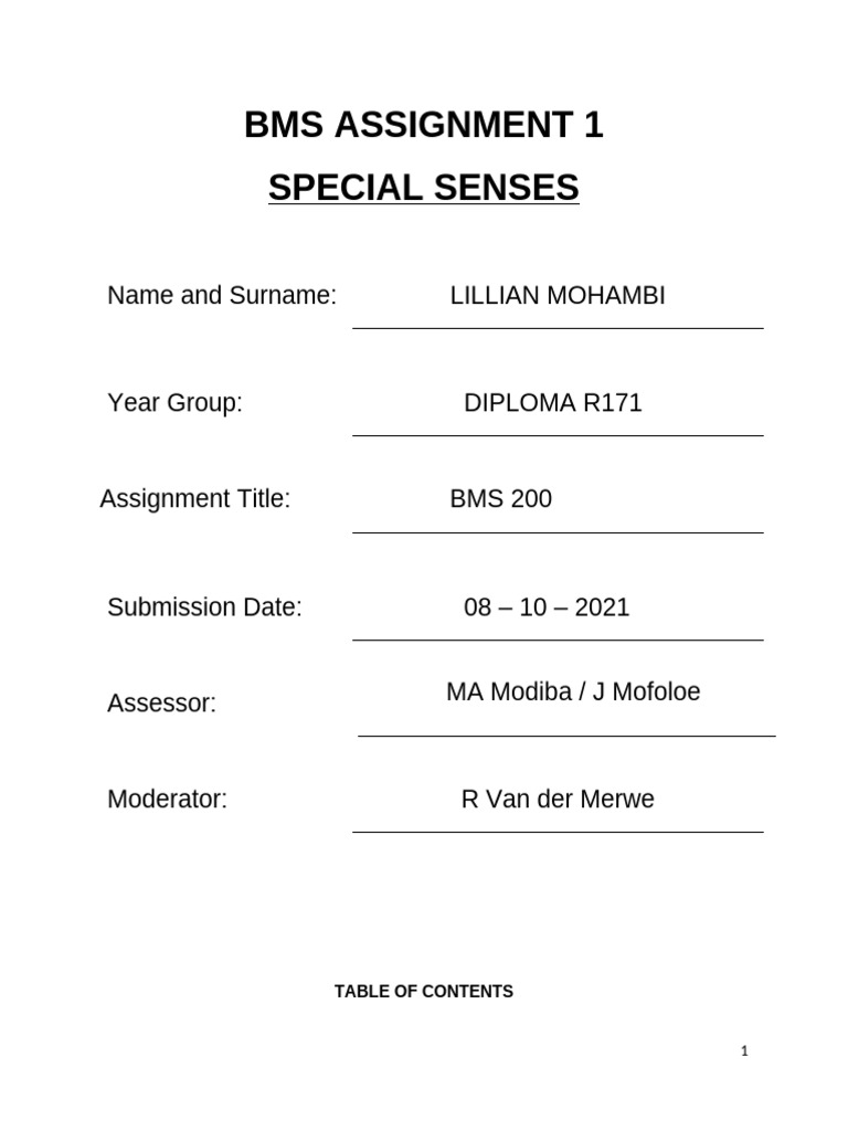 BMS 200 Assignment 1 Lillian Mohambi October 2021 | PDF | Senses | Taste