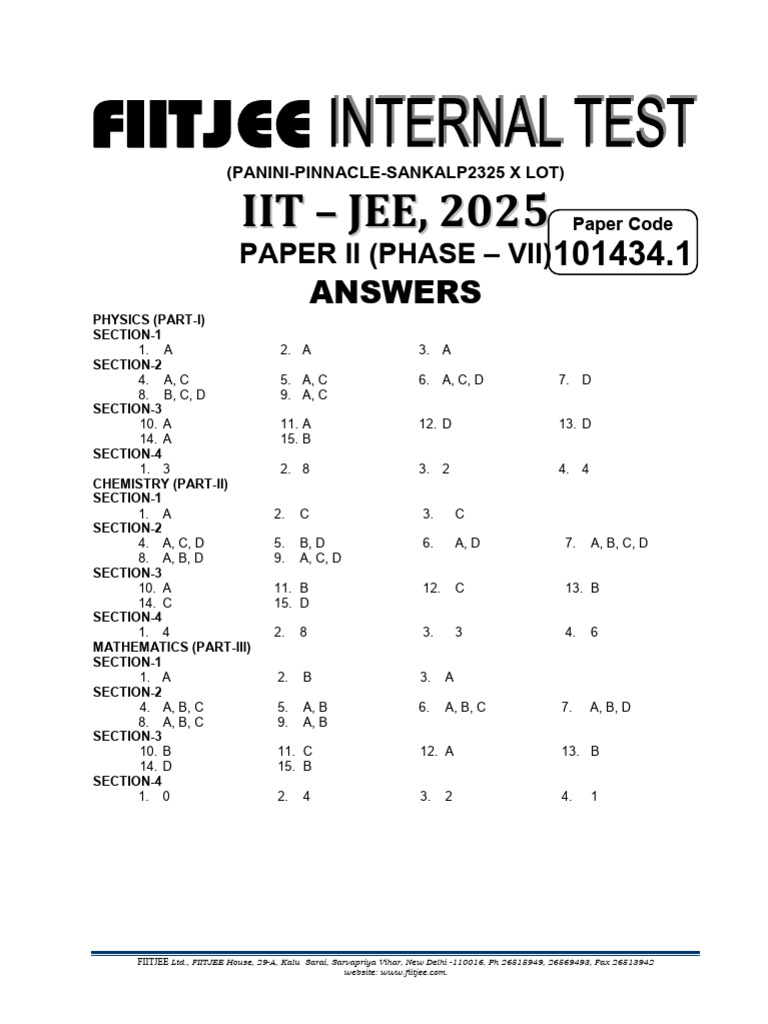 Answer Key-Adv-Ph Vii - Sankalp2325 PCM - 11-11-2024-Adv-P2 | PDF | Qualifications | Career And ...