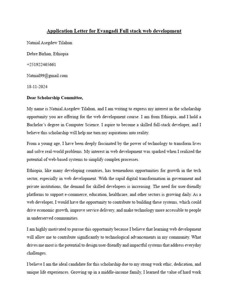 Evangadi Scholarship Application Letter | PDF | Web Development