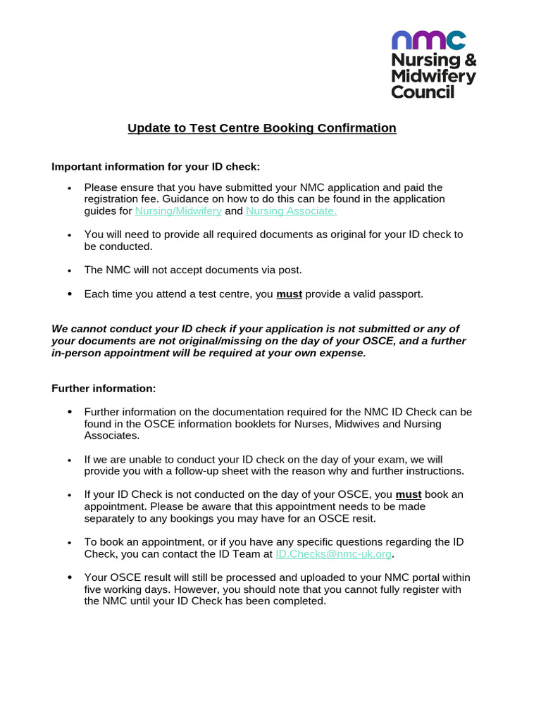 NMC ID Check Appointment Guidelines | PDF | Career & Growth