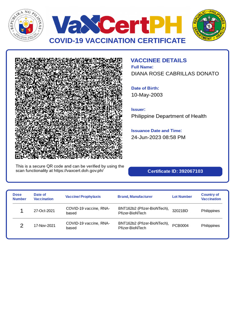 COVID-19 Vaccination Certificate for Donato | PDF