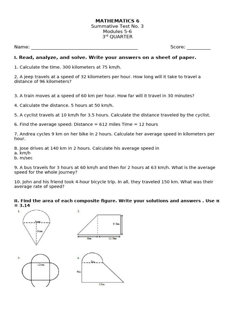 6th Grade Math Test: Speed & Area | PDF